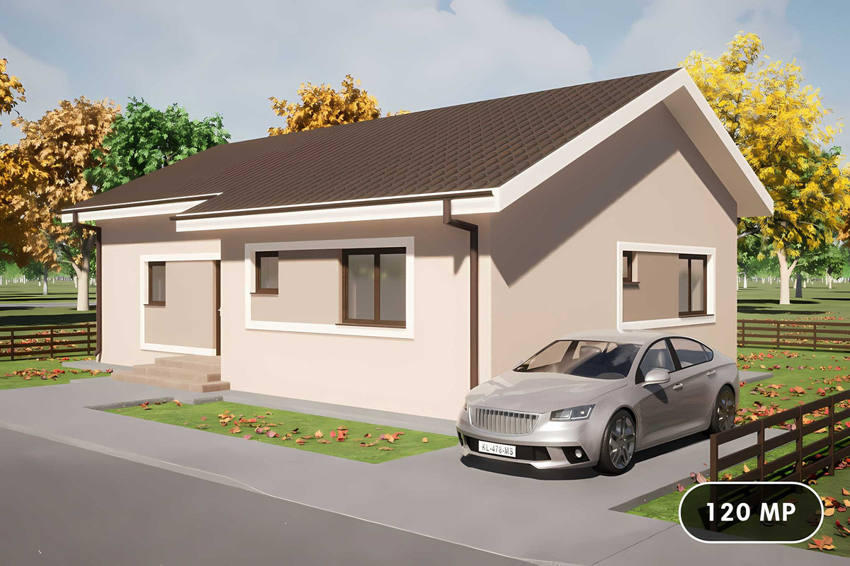 Proiect casa pe structura metalica 120 mp cu 3 dormitoare – Wolf Construct